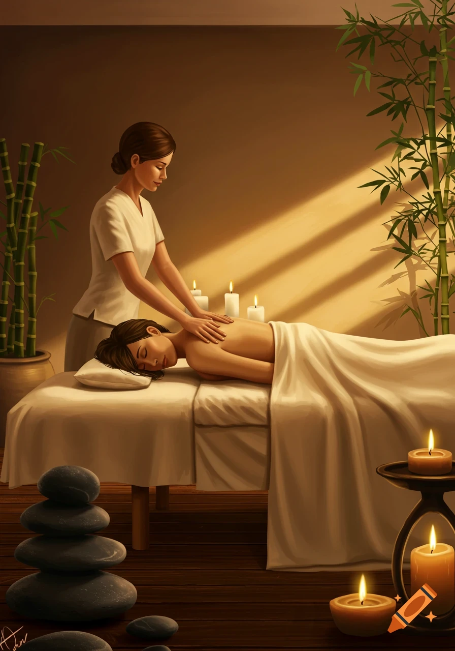 A man lies face down, receiving a back massage from a masseur in a ...