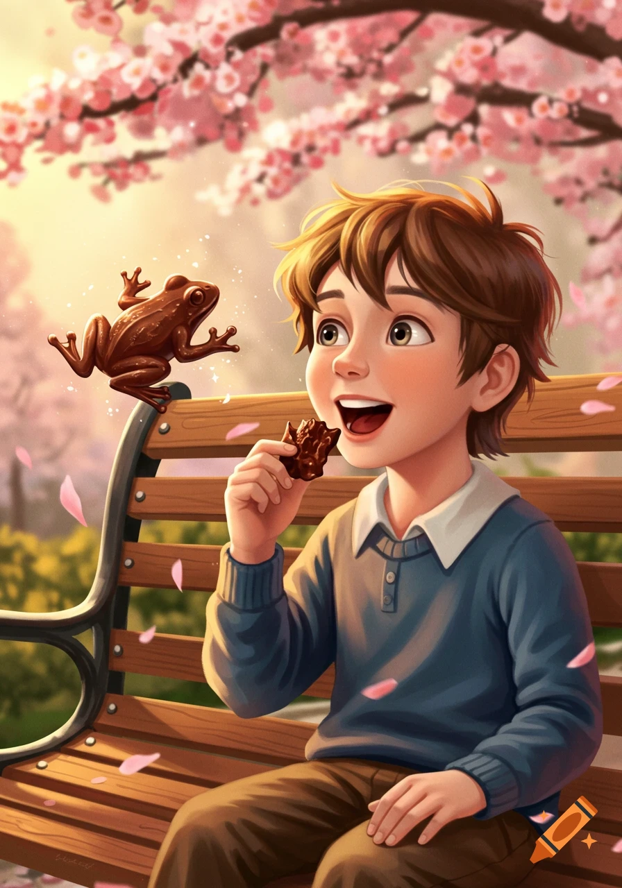 Happy boy eating a chocolate frog on a park bench under cherry blossoms, illustration style. on ...