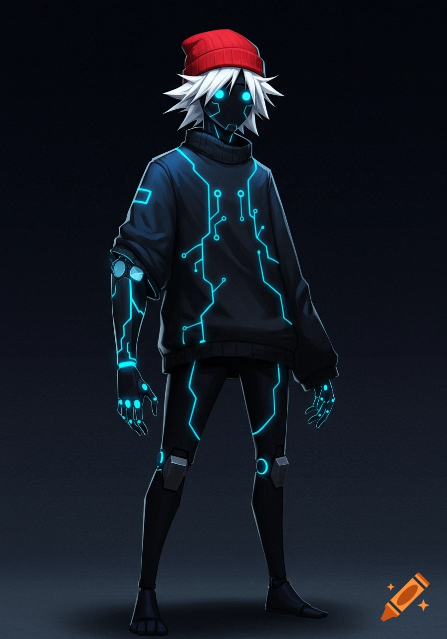 A stylized character with glowing blue circuitry, wearing a red beanie ...