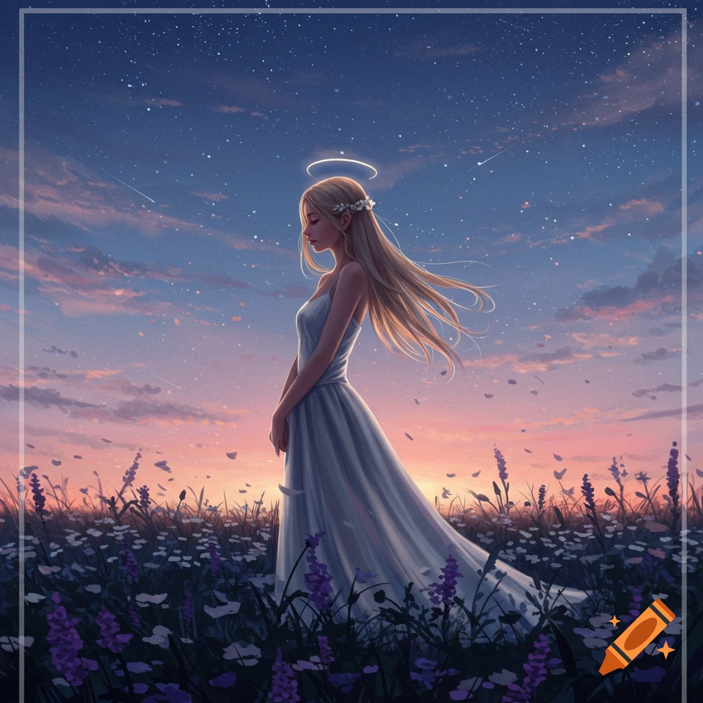 A person with glowing eyes stands in a field of red and purple flowers ...