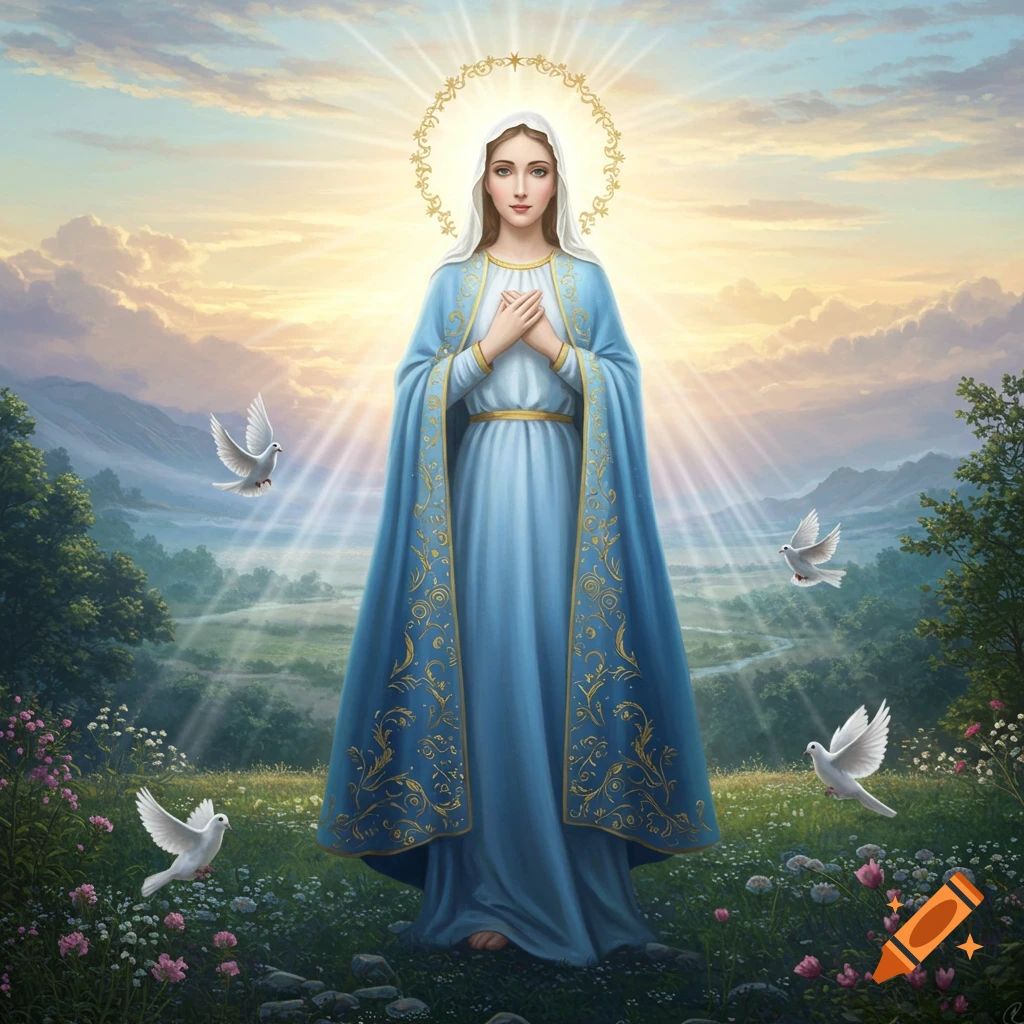 The Virgin Mary in a blue robe, hands clasped, stands in a field with ...