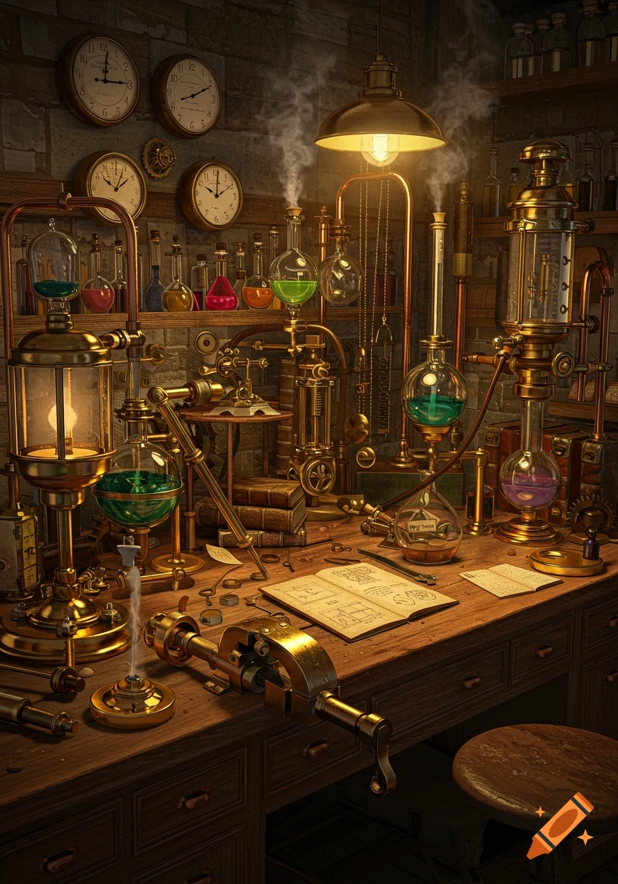 A grand fantasy alchemy laboratory hall with glowing beakers ...