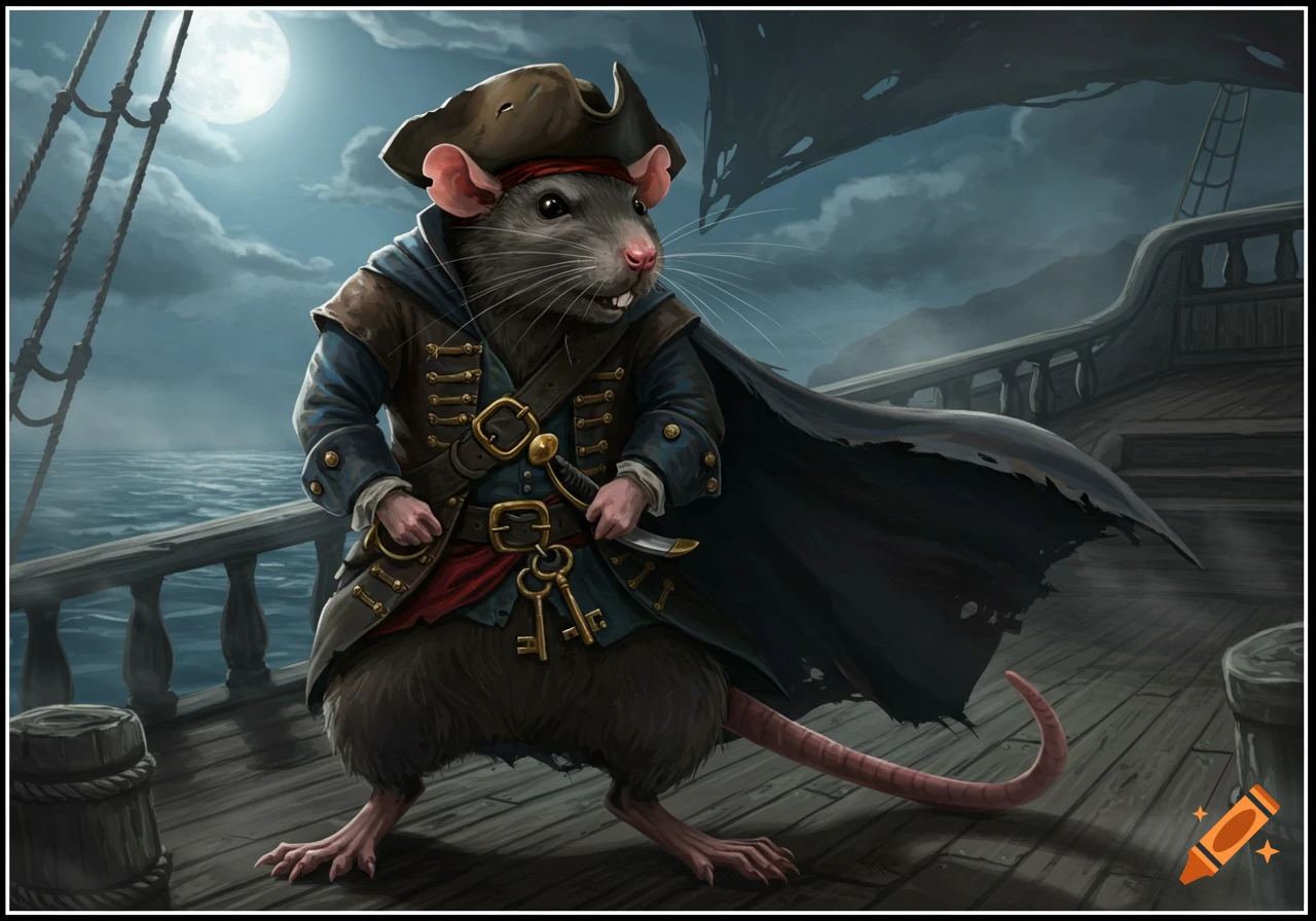 A large rat dressed as a pirate stands on a ship's deck at night under ...