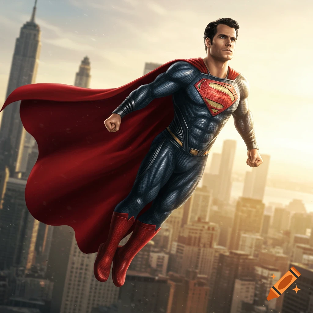 A photorealistic image of Superman flying above a cityscape at sunset ...