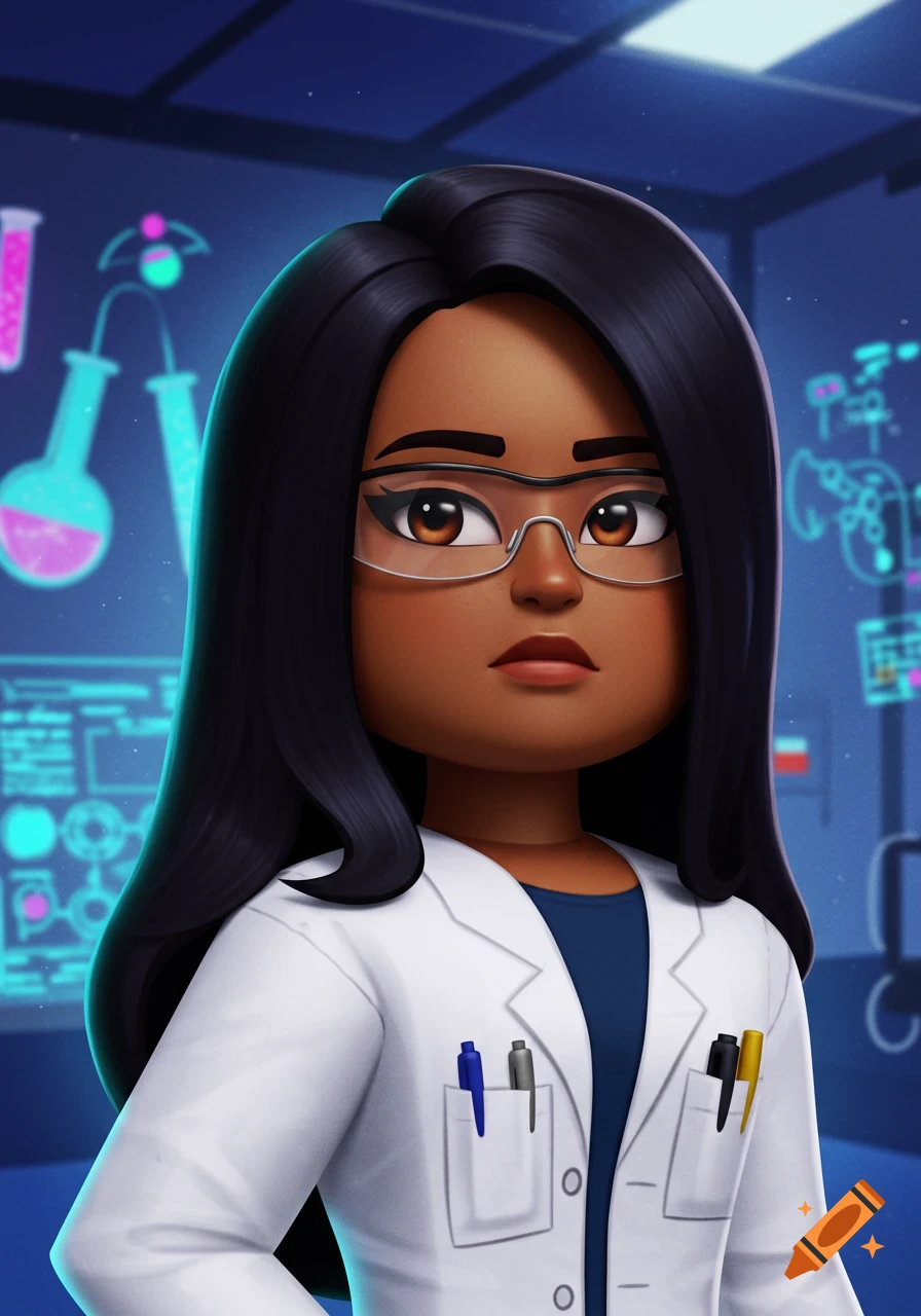 An anime-style female scientist with long black hair and glasses in a ...
