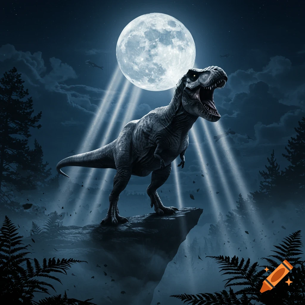 A menacing T-rex stands on a cliff at night, illuminated by a large ...