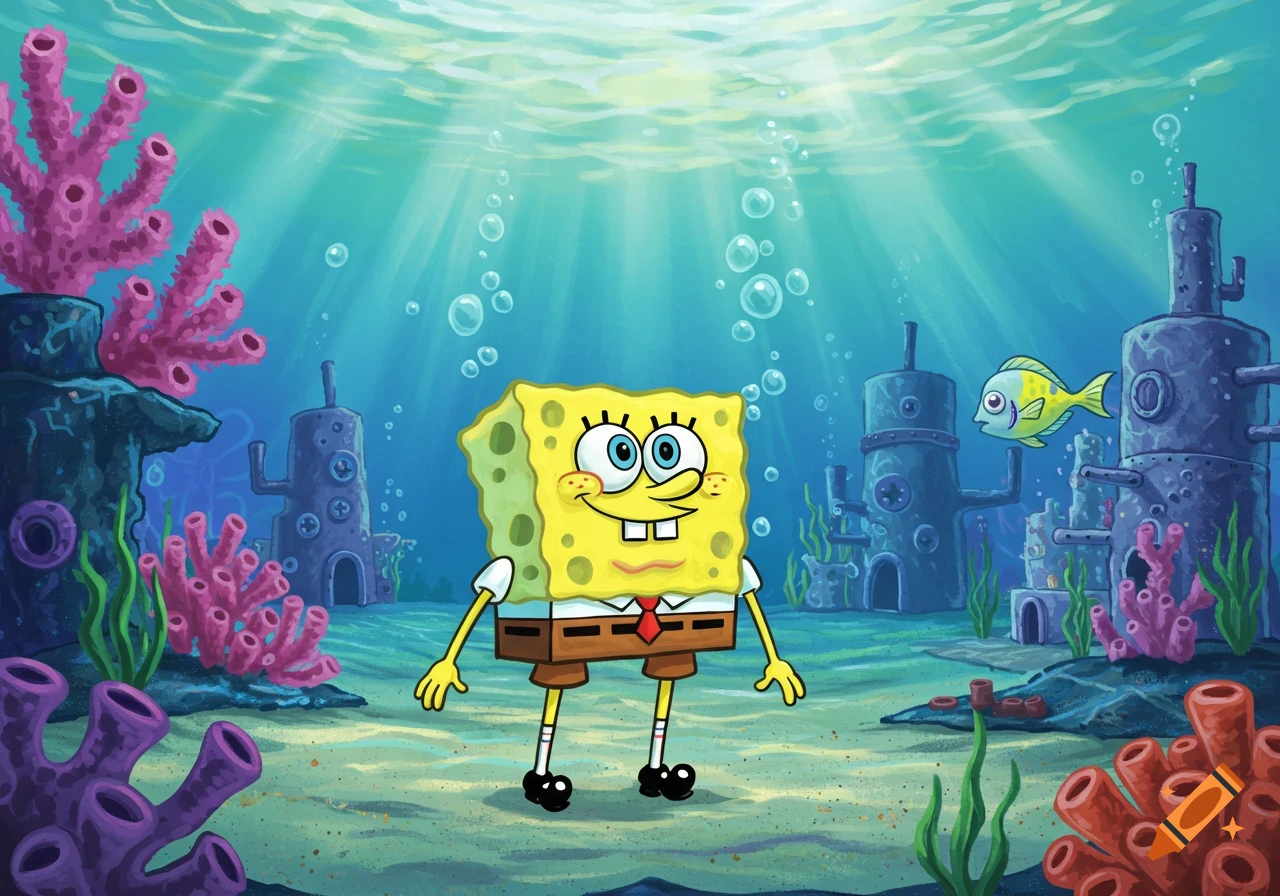 Spongebob Squarepants stands on the seabed of Bikini Bottom, surrounded ...