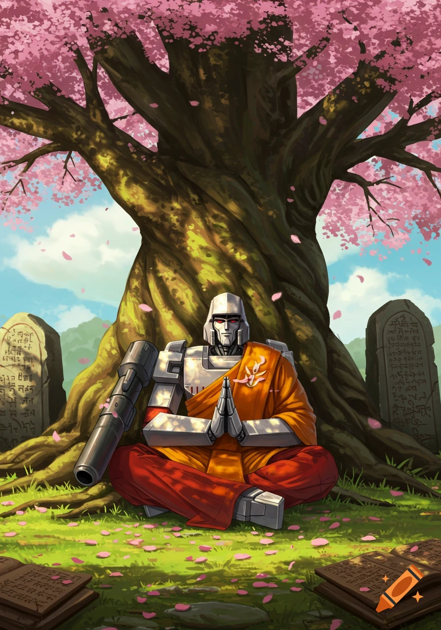 Megatron, in silver and red, sits cross-legged in orange monk robes ...