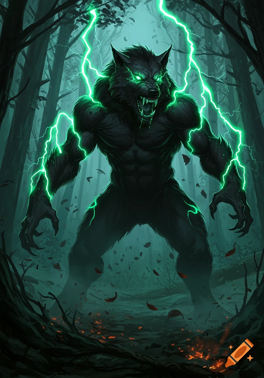 A powerful black werewolf with glowing green eyes stands in a dark ...