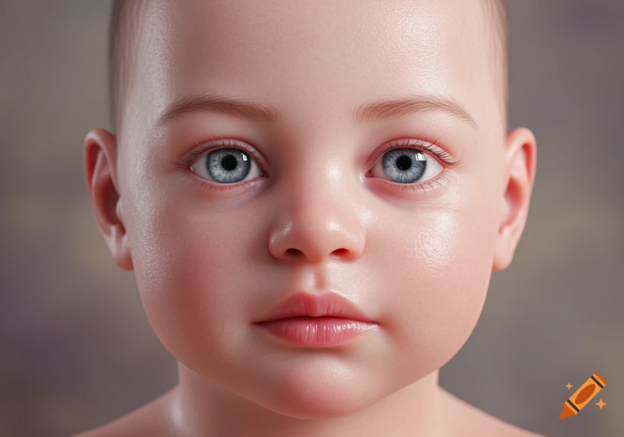 A close-up, photorealistic portrait of a baby's face with bright blue ...