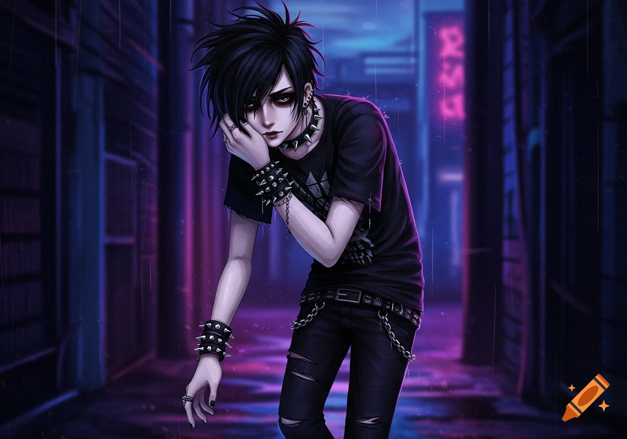 An anime-style emo character with spiky black hair, dark makeup, and ...
