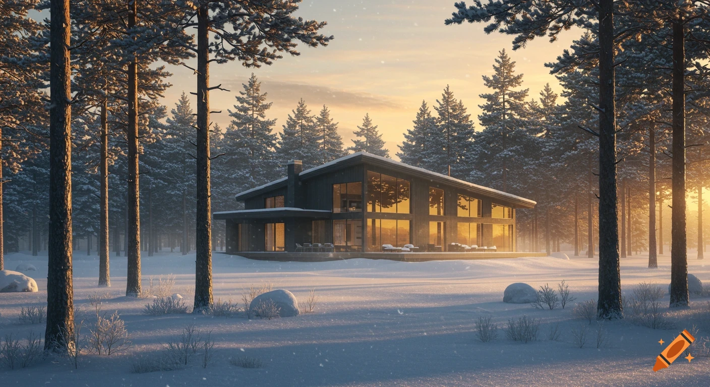A modern house with large windows in a snow-covered pine forest at ...