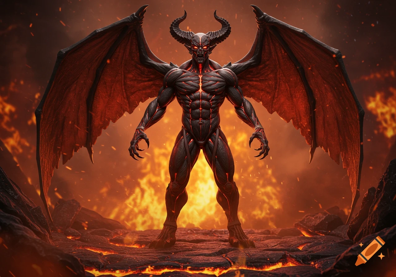 A powerful, winged demon with glowing red eyes and fiery cracks on its ...