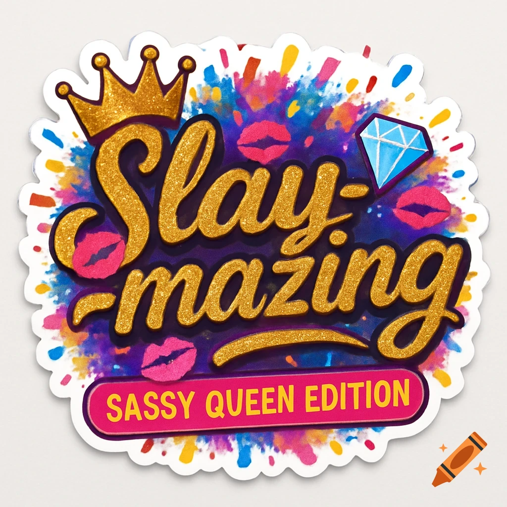 A vibrant sticker with glittery gold text 'Slay-mazing' and 'SASSY ...
