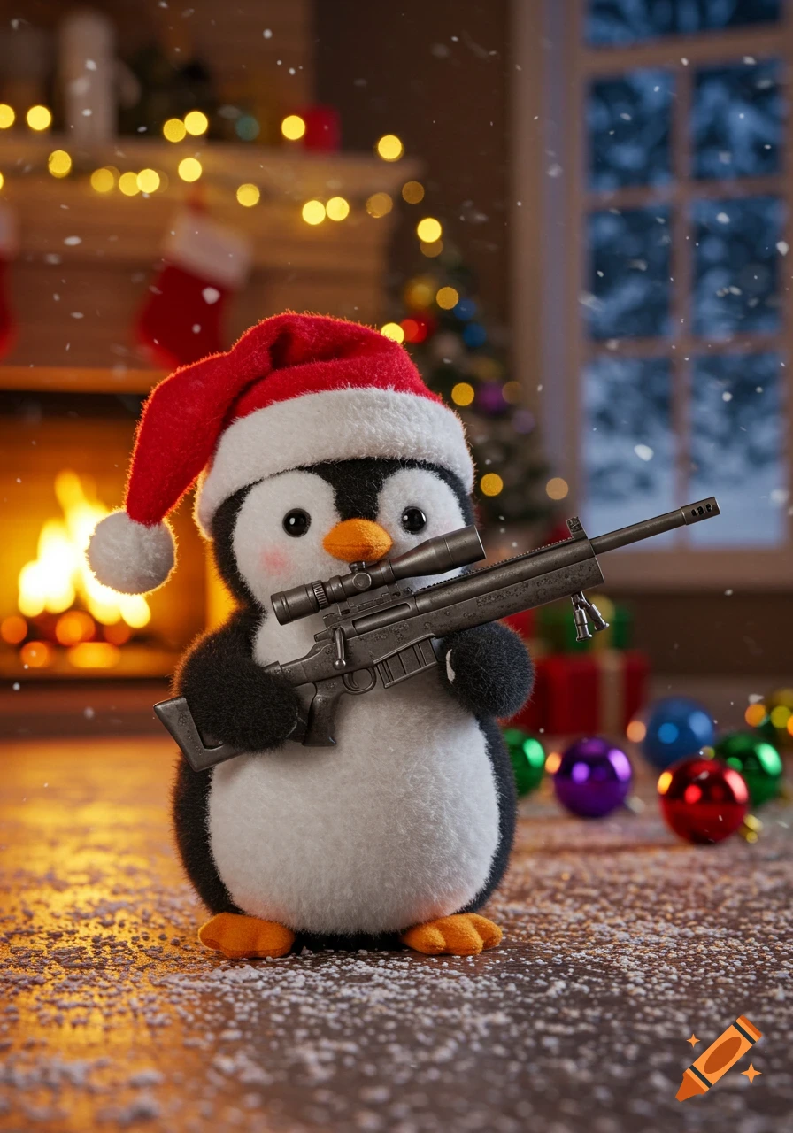 Photorealistic image of a fluffy penguin in a Santa hat holding a ...
