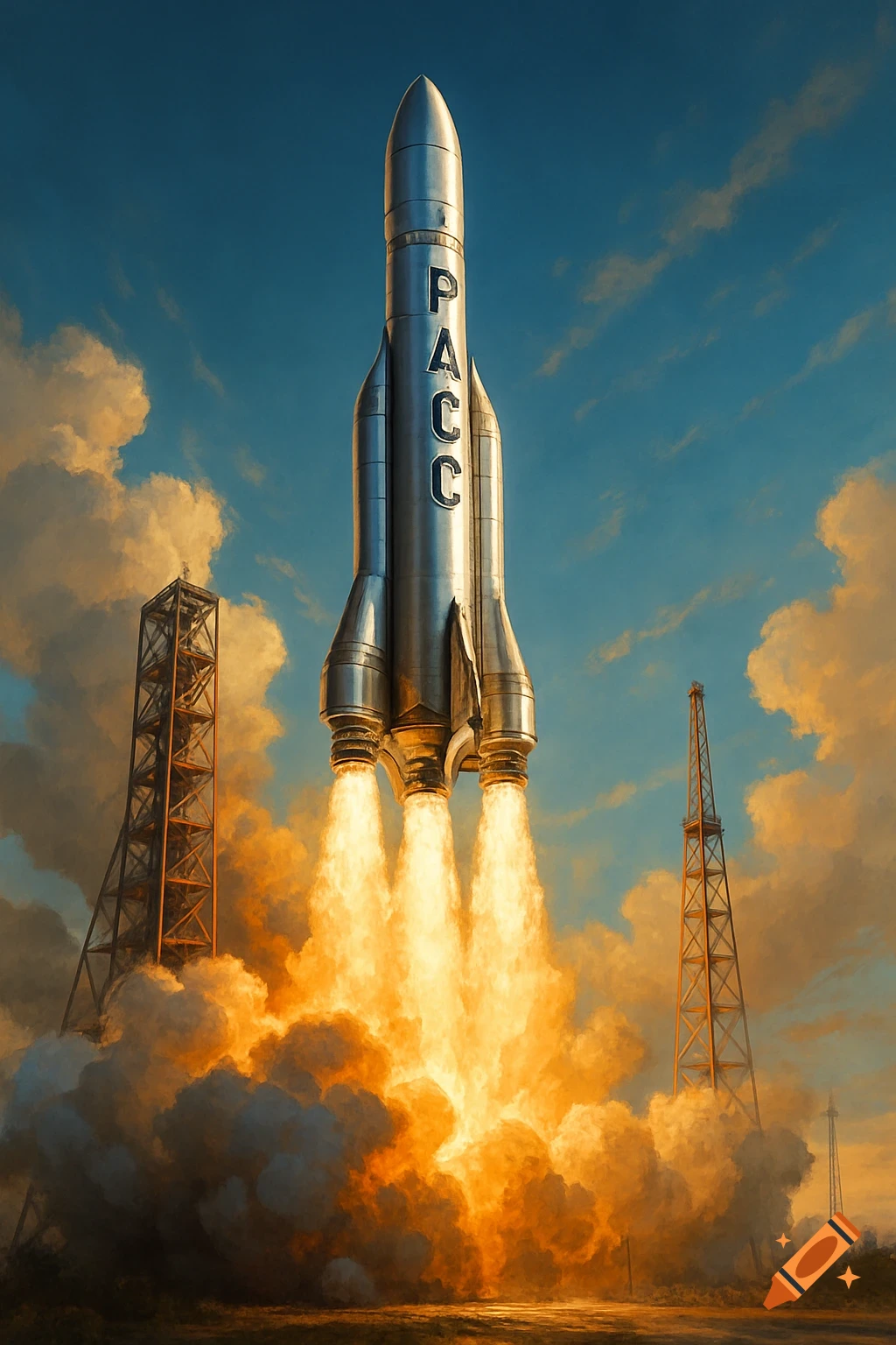 A photorealistic image of a space shuttle launching at night with ...