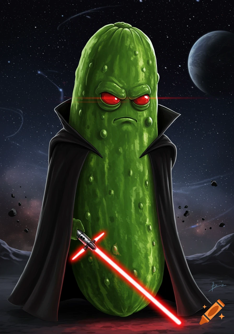 Angry cartoon pickle in a Sith robe holds a red lightsaber amid a space ...