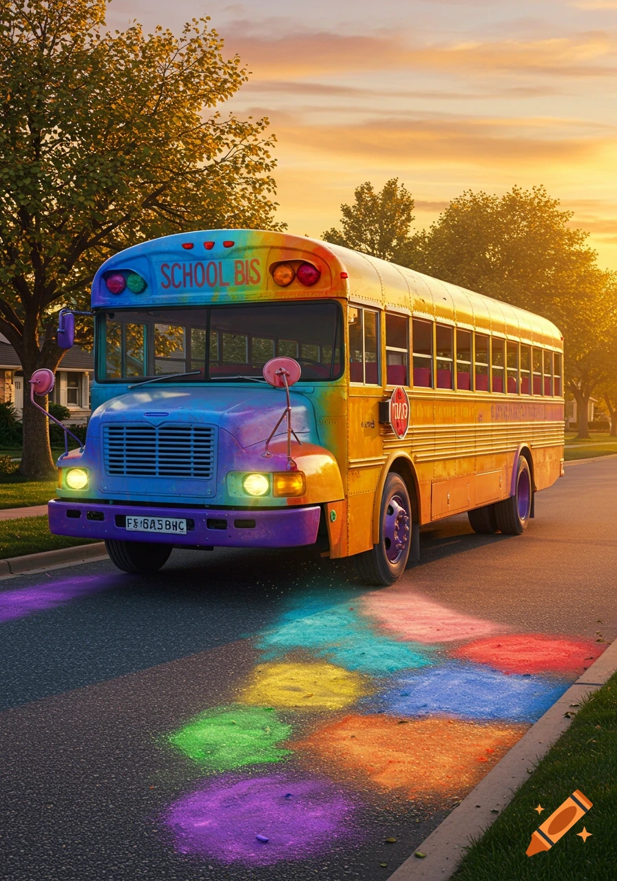 A school bus painted in bright rainbow colors on a street at sunset ...
