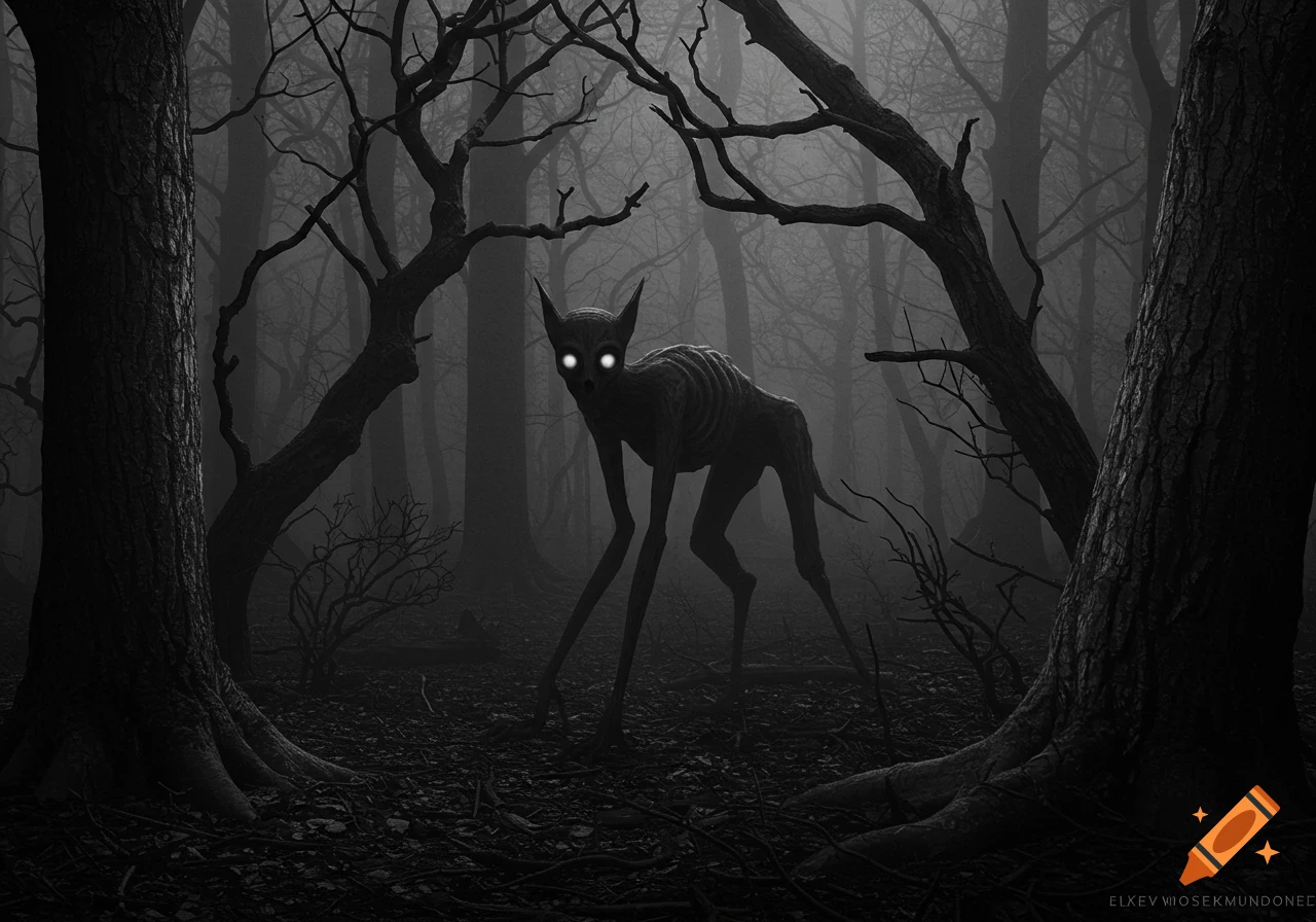A gaunt, shadowy creature with glowing eyes stands in a dark, foggy forest. on Craiyon