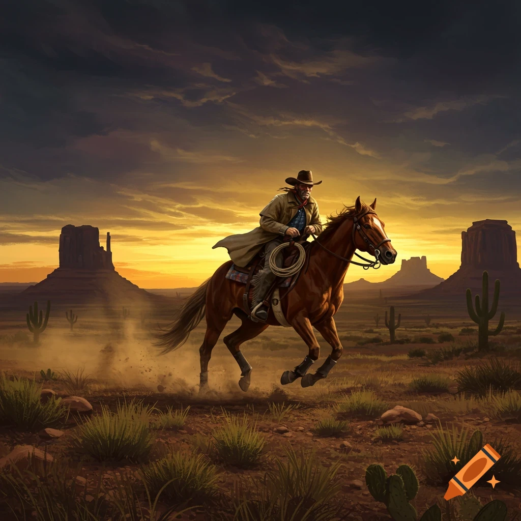 A cowboy and cowgirl ride a horse through a dusty desert landscape with ...