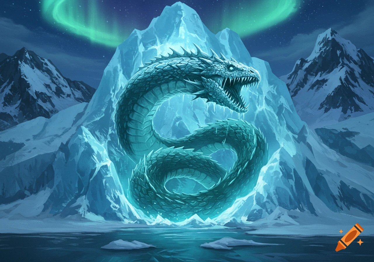 A terrifying, scaly sea serpent with sharp teeth coiled around a ...