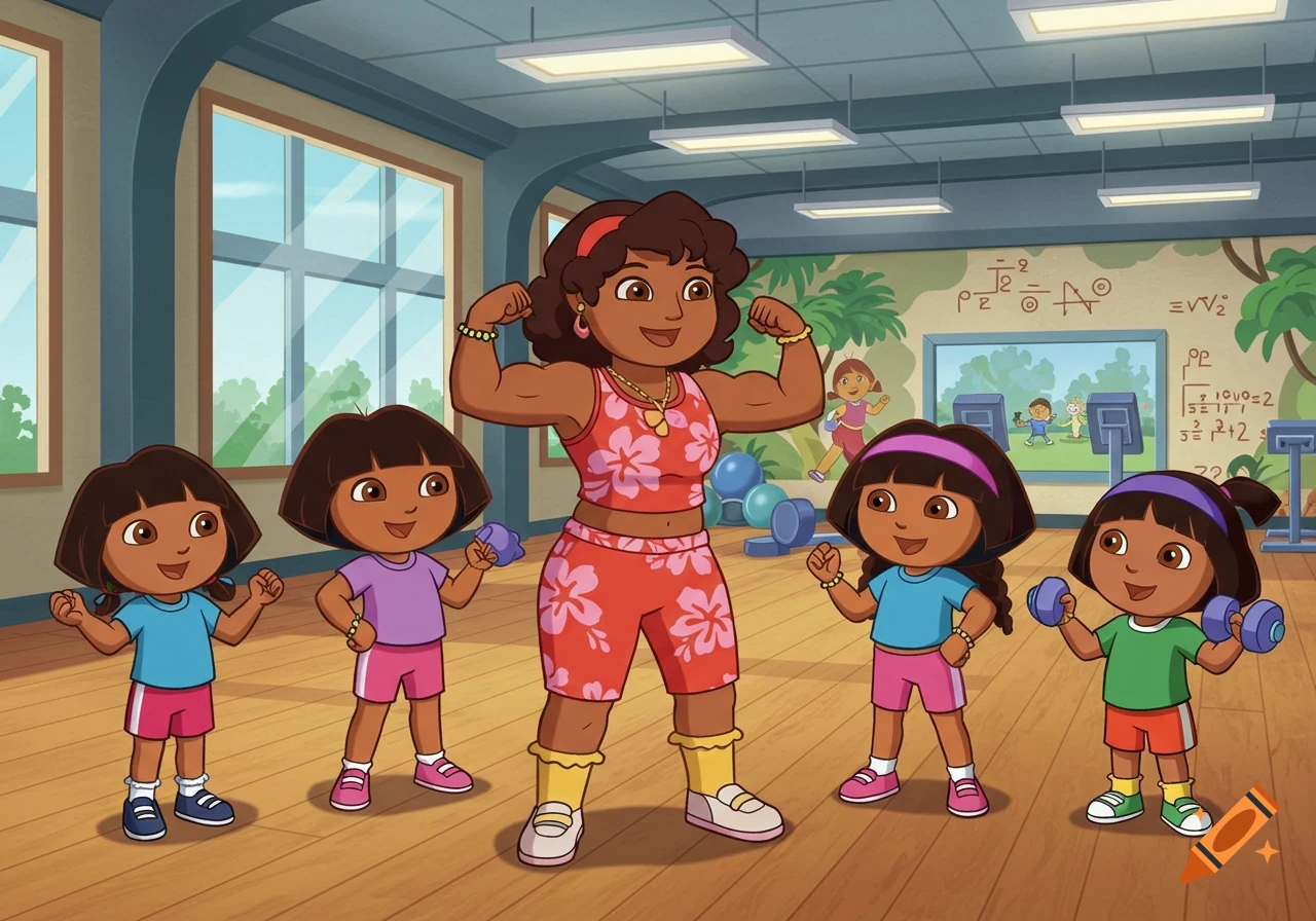 Dora's Mami and multiple children flexing muscles in a colorful cartoon ...