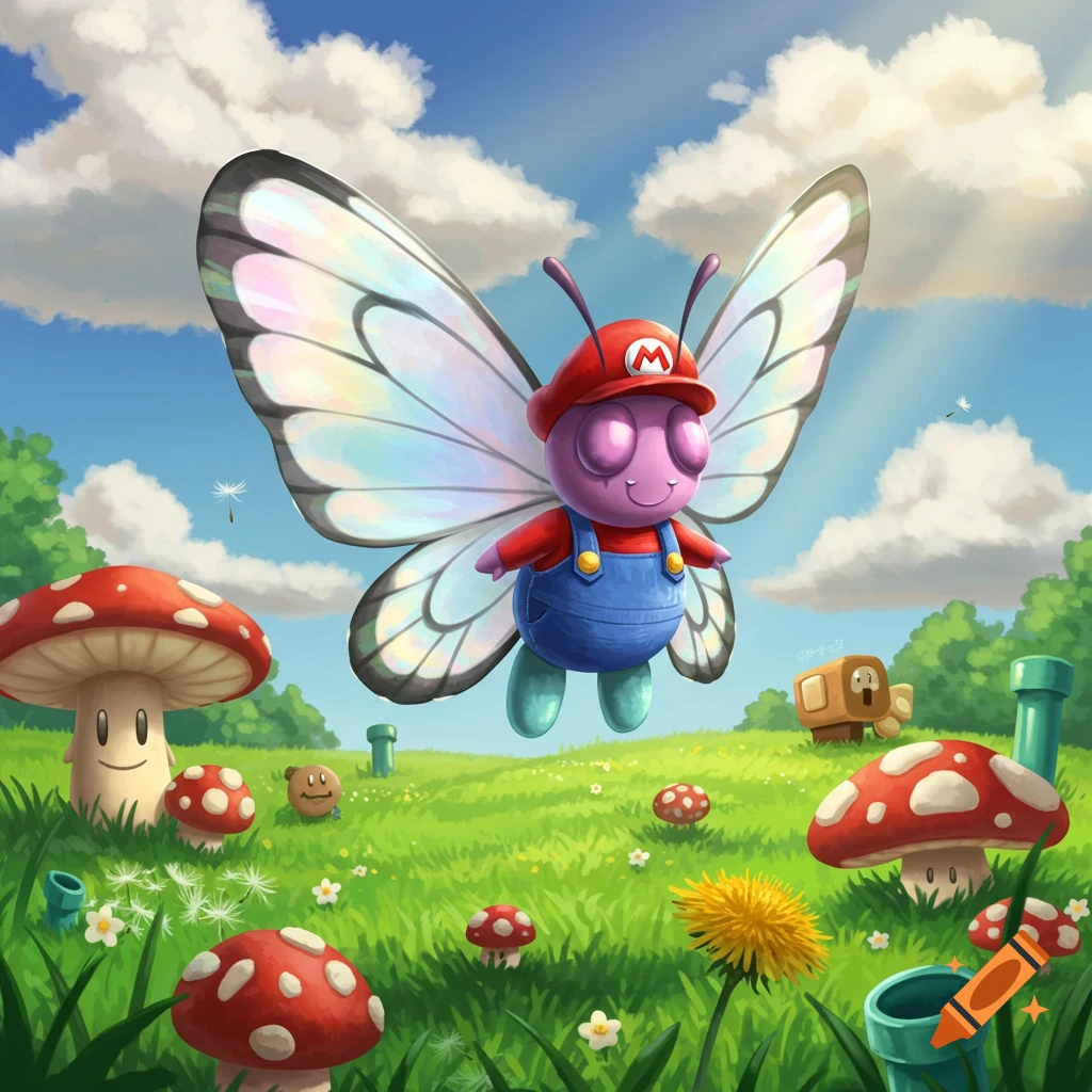 A purple Butterfree-like creature with butterfly wings, wearing Mario ...