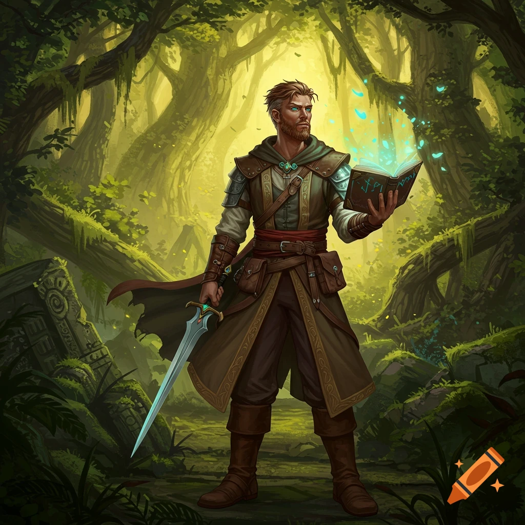 A fantasy scholar holding a glowing magical book and a sword stands in ...