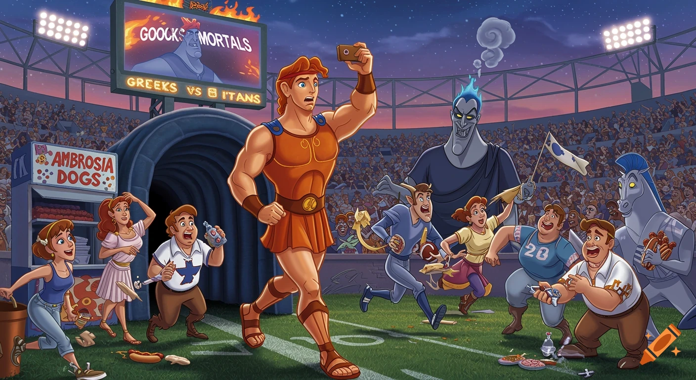 Hercules makes a grand entrance onto a football field at night ...