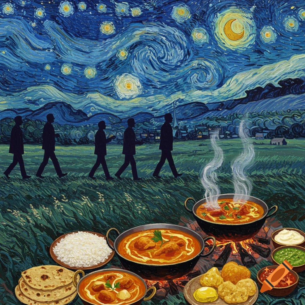 A Van Gogh style painting of five silhouetted men walking in a field under a starry night sky ...