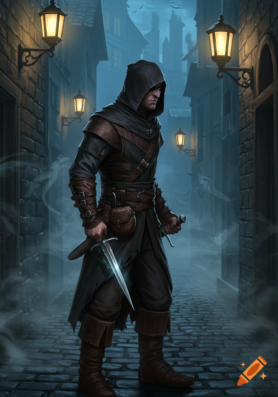 A dark-hooded rogue stands in a foggy, cobbled alley at night, holding ...