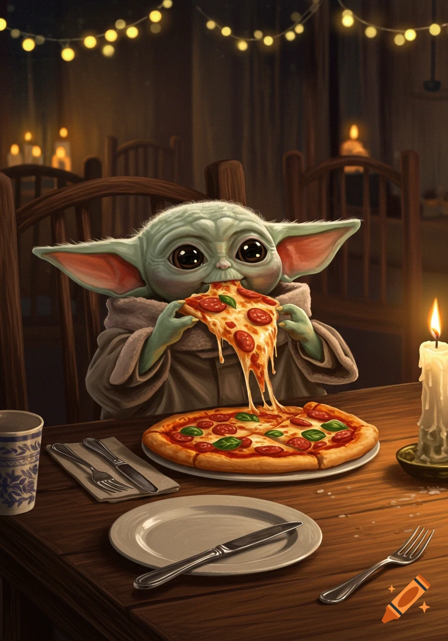 Obi-Wan Kenobi intently cuts a steaming ravioli in half with a blue ...