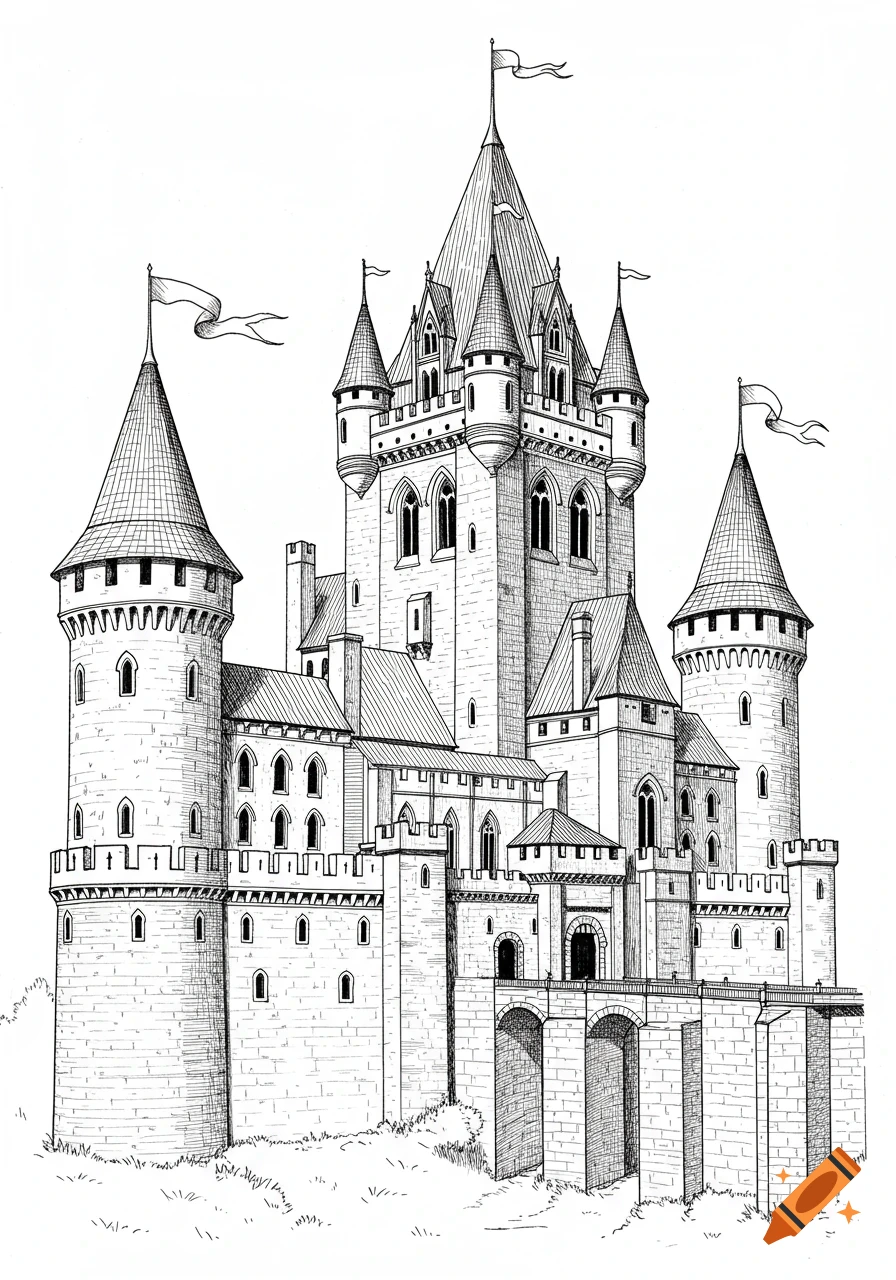 Black and white drawing of a medieval siege tower with soldiers ...