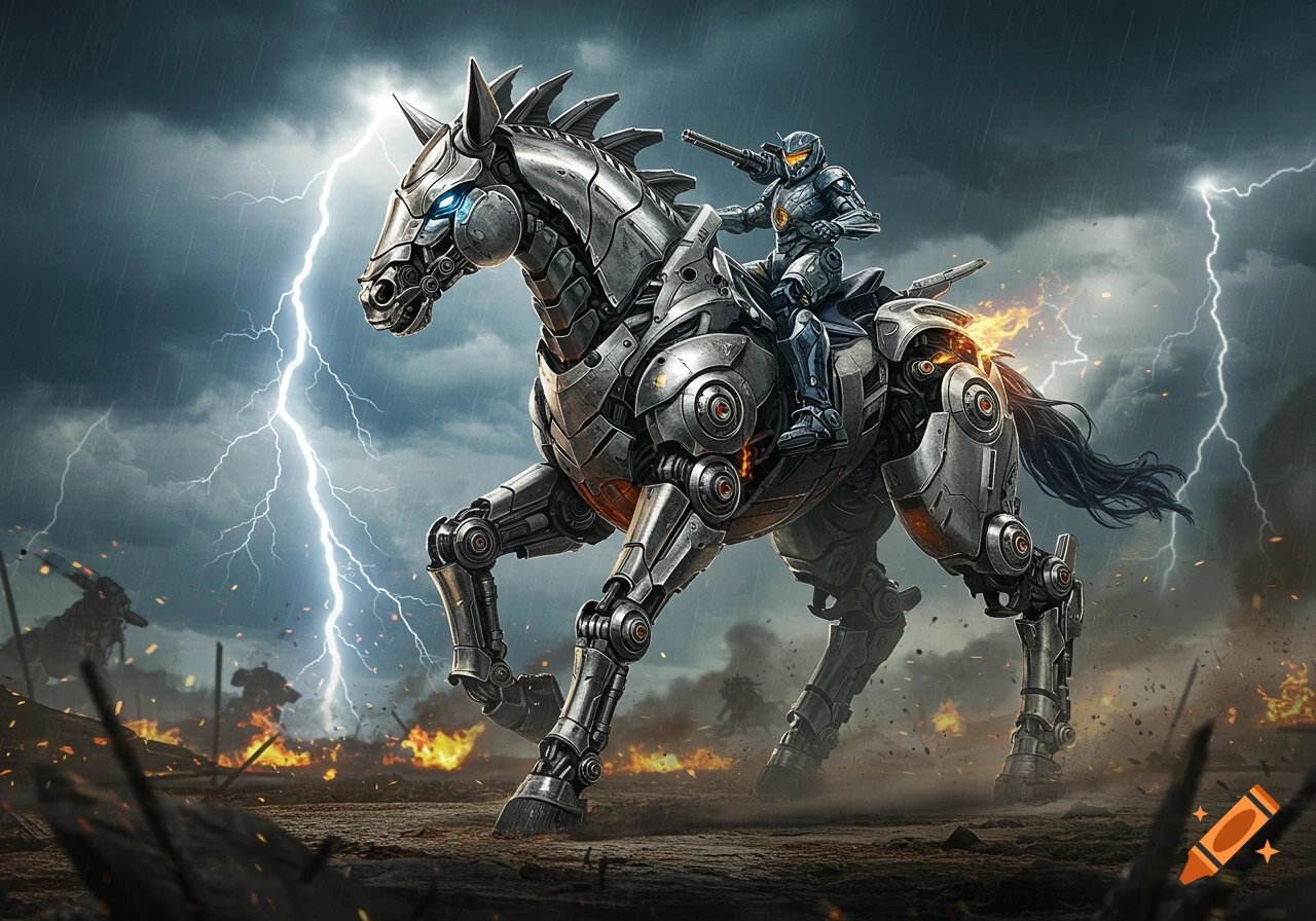 A detailed illustration of a mechanical horse ridden by an armored ...