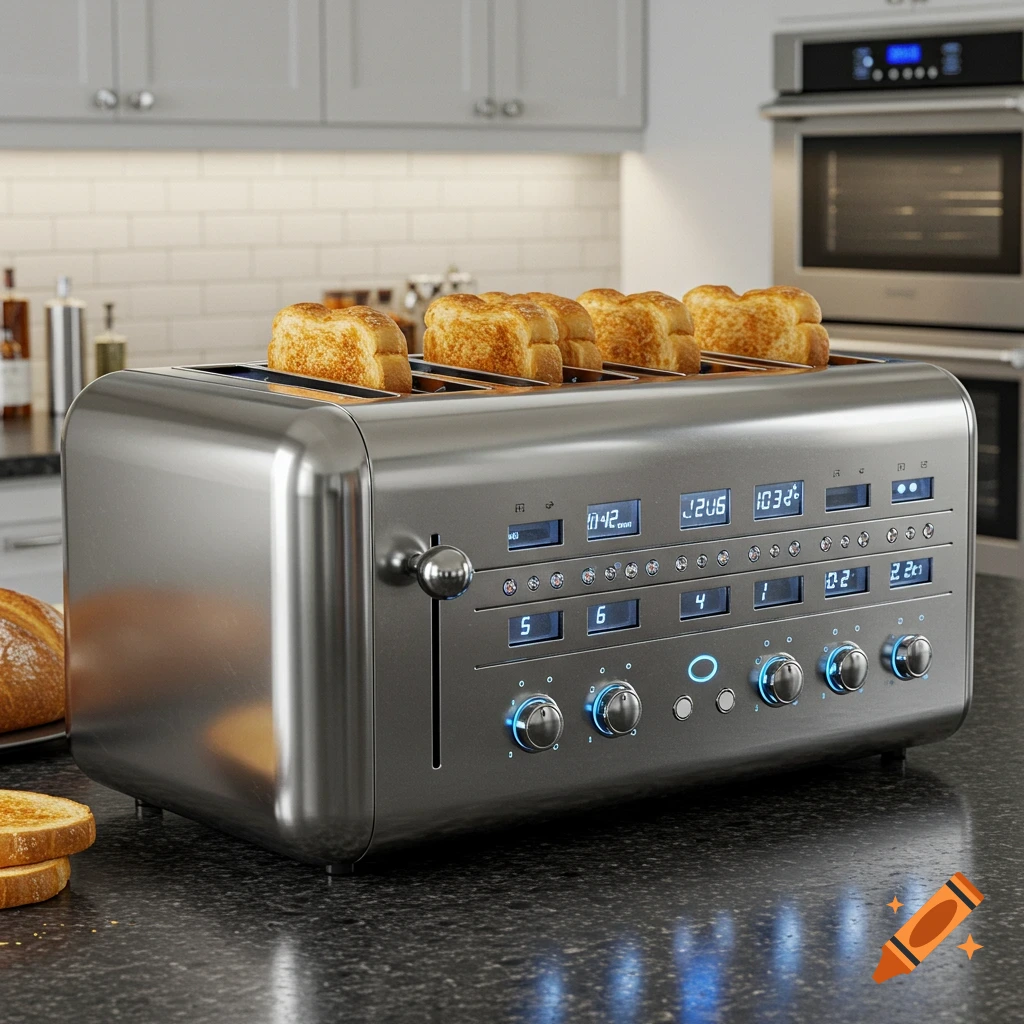 A modern stainless steel toaster with digital displays and glowing blue ...
