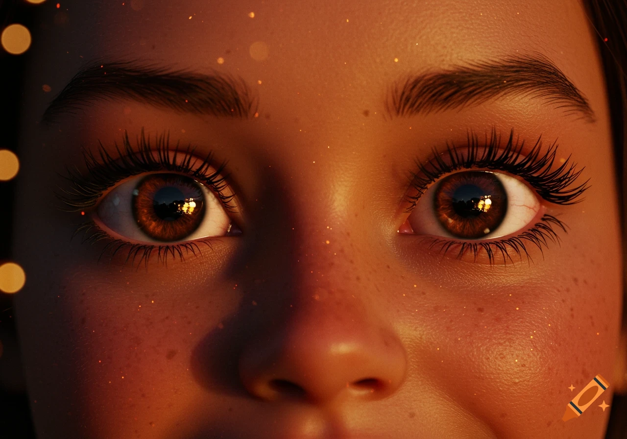 Close-up of bright blue eyes with long eyelashes and sparkling light effects against a soft ...