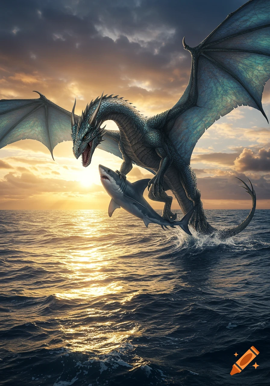 A large, hyper-realistic dragon flies over a sunlit ocean, carrying a ...