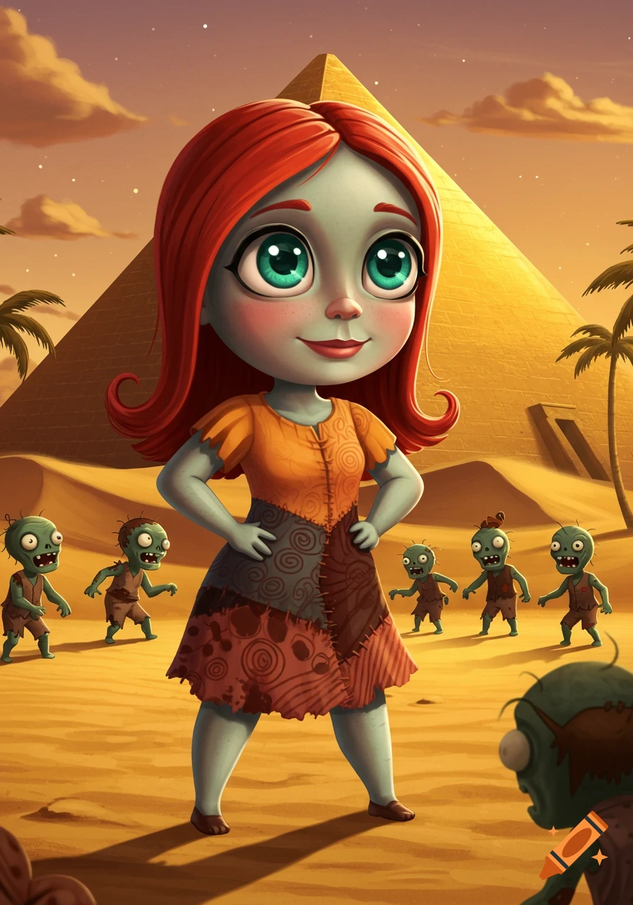 A cute cartoon mummy in a sarcophagus, dreaming of a scared woman ...