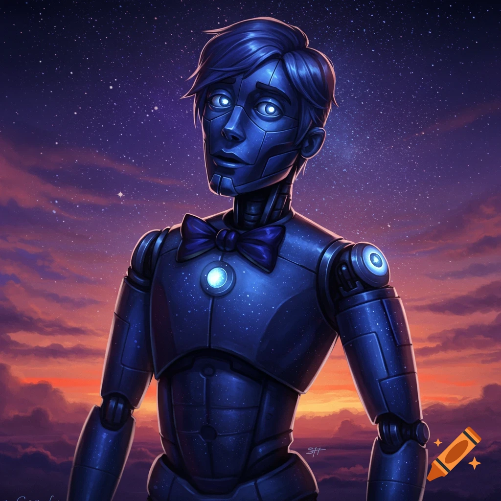 A blue and black robot character with glowing eyes and a bow tie stands ...