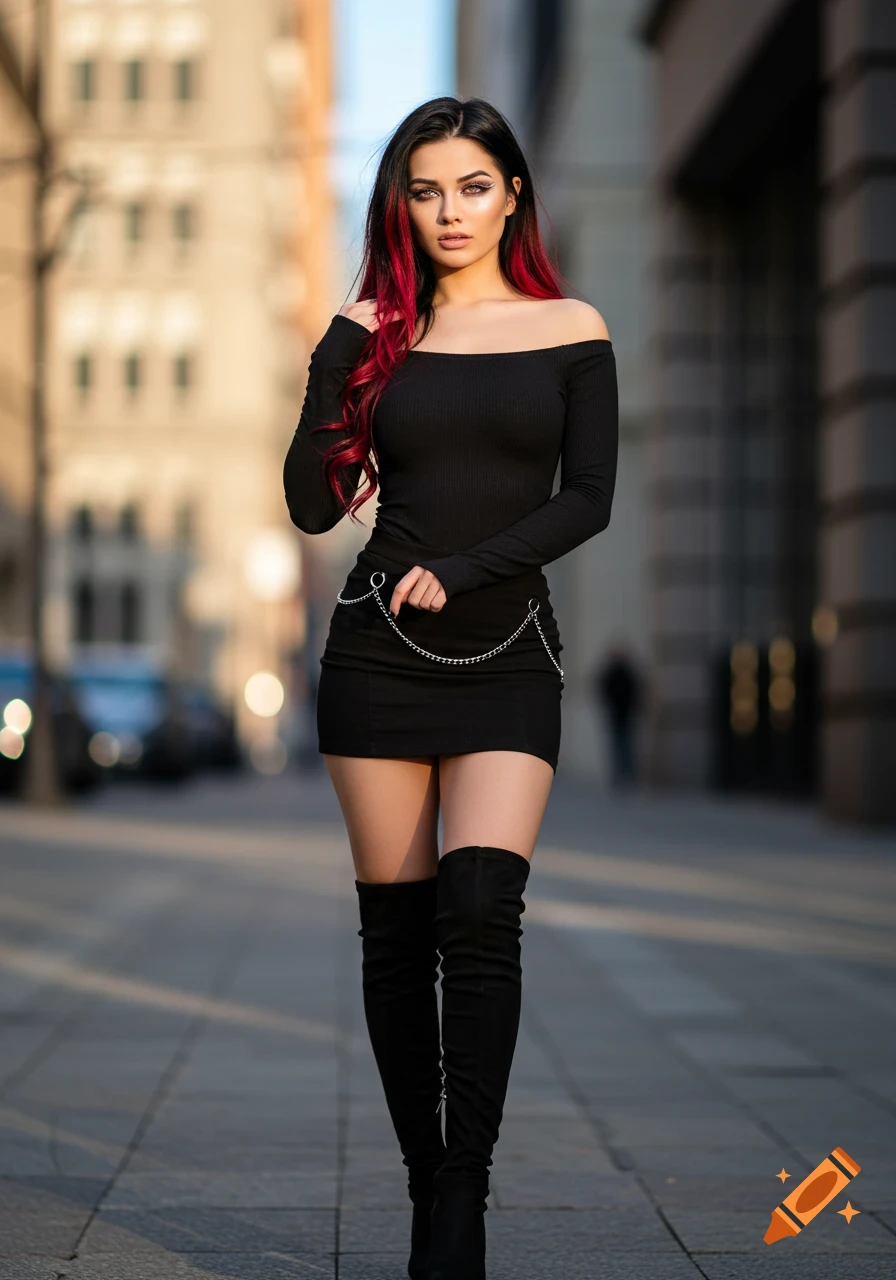 Photorealistic portrait of a woman in a black off-shoulder top, mini ...