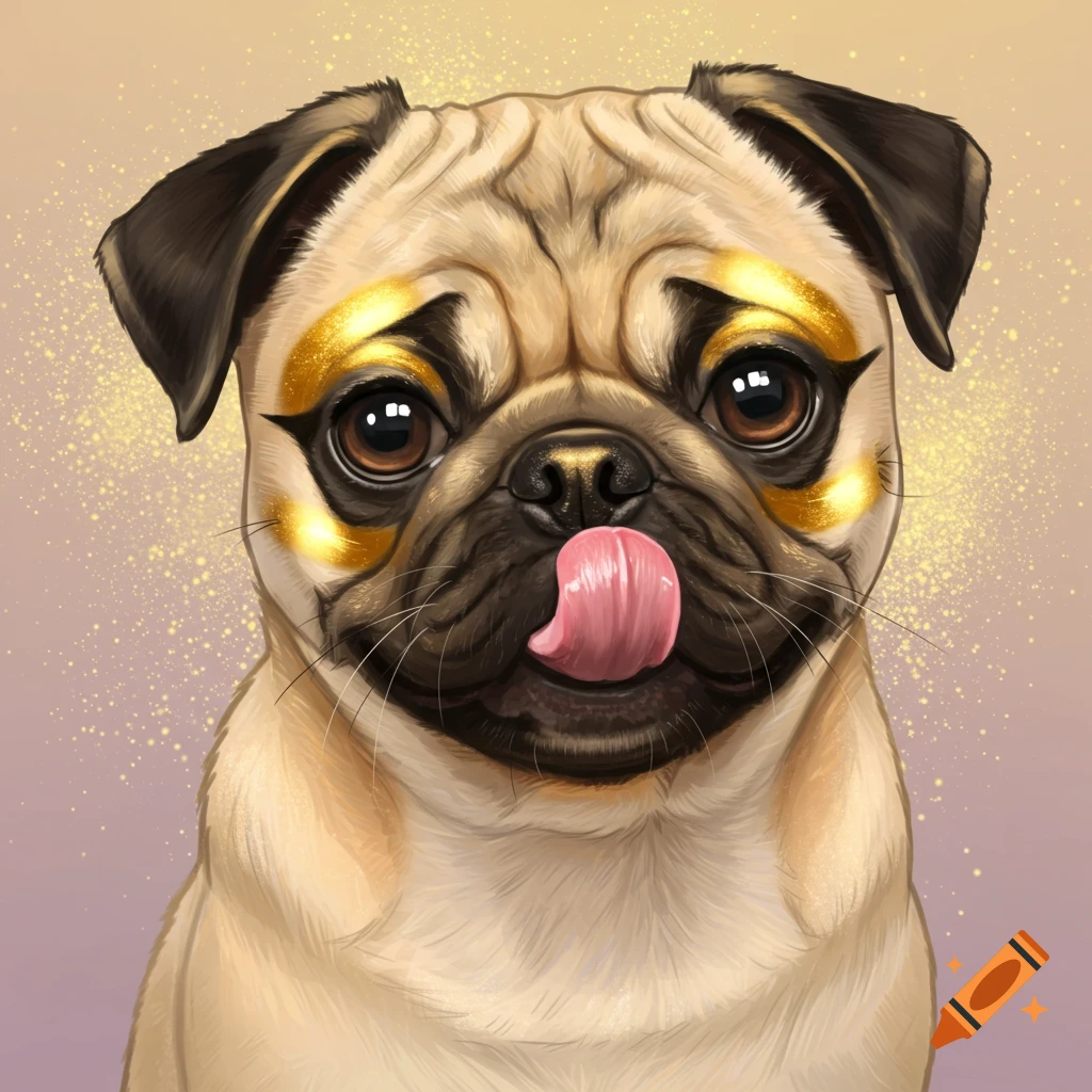 Close-up digital art of a cute pug with gold eyeshadow licking its nose ...