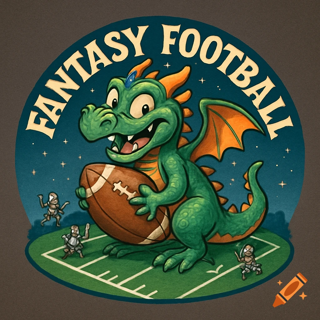 A cartoon green dragon holding a football on a field with small players ...