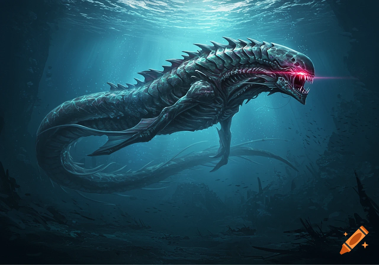 A terrifying T-Rex-shark-dragon hybrid creature roars with glowing eyes ...