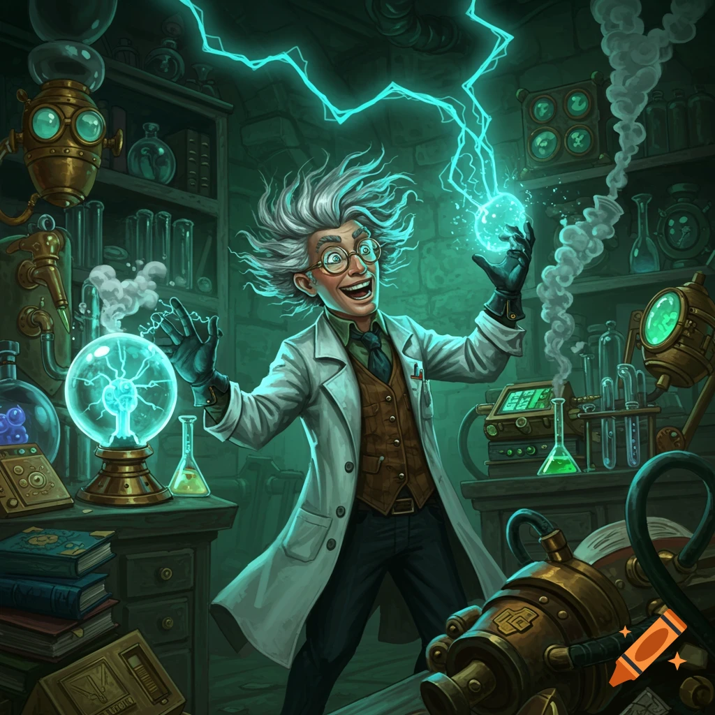 A cartoon mad scientist in a vibrant, cluttered laboratory gleefully ...