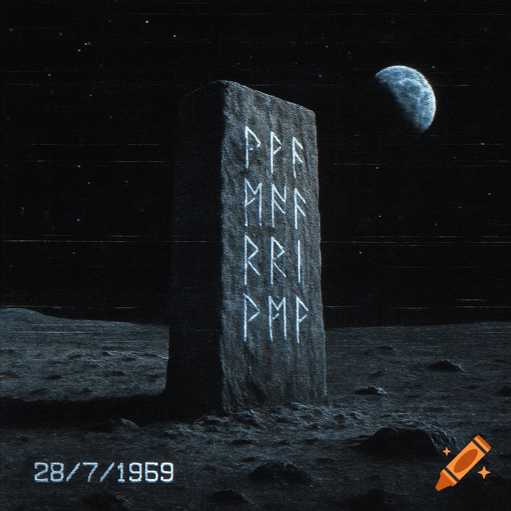 A grainy, eerie image of a stone monolith with Norse-like runes on the ...