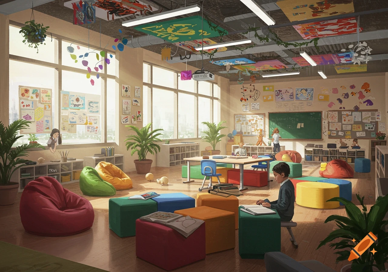 A bright, colorful classroom with natural light, students, bean bags ...