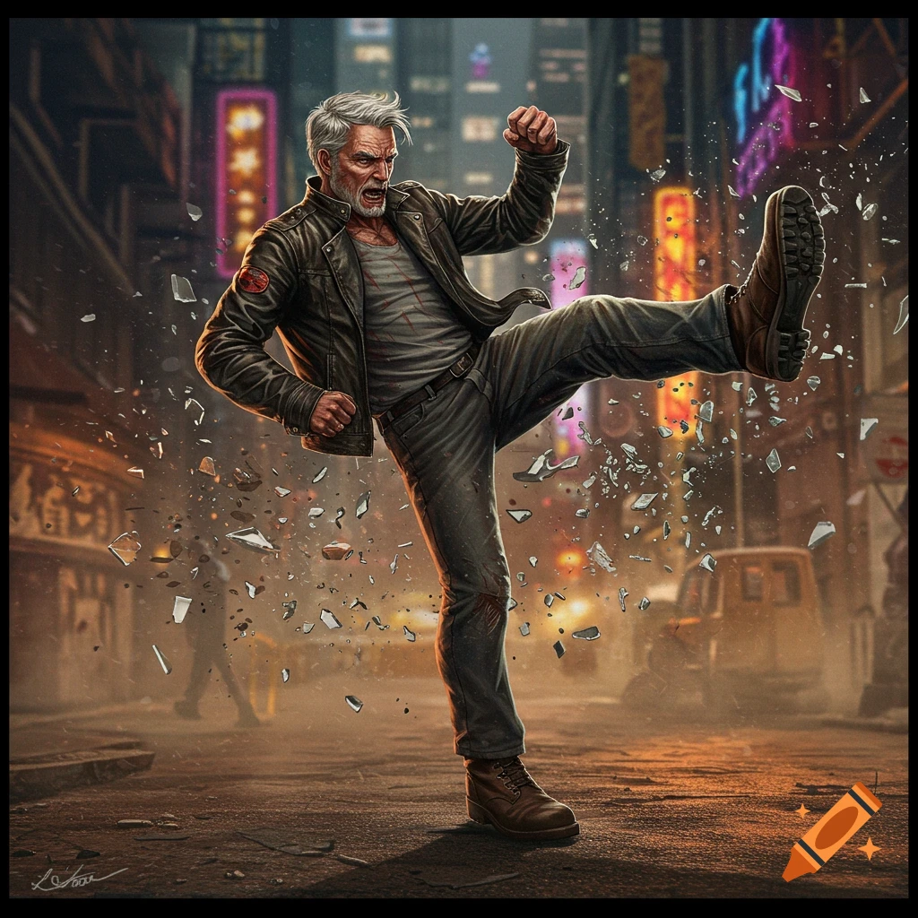An angry, grey-haired man in a leather jacket and jeans mid-kick ...
