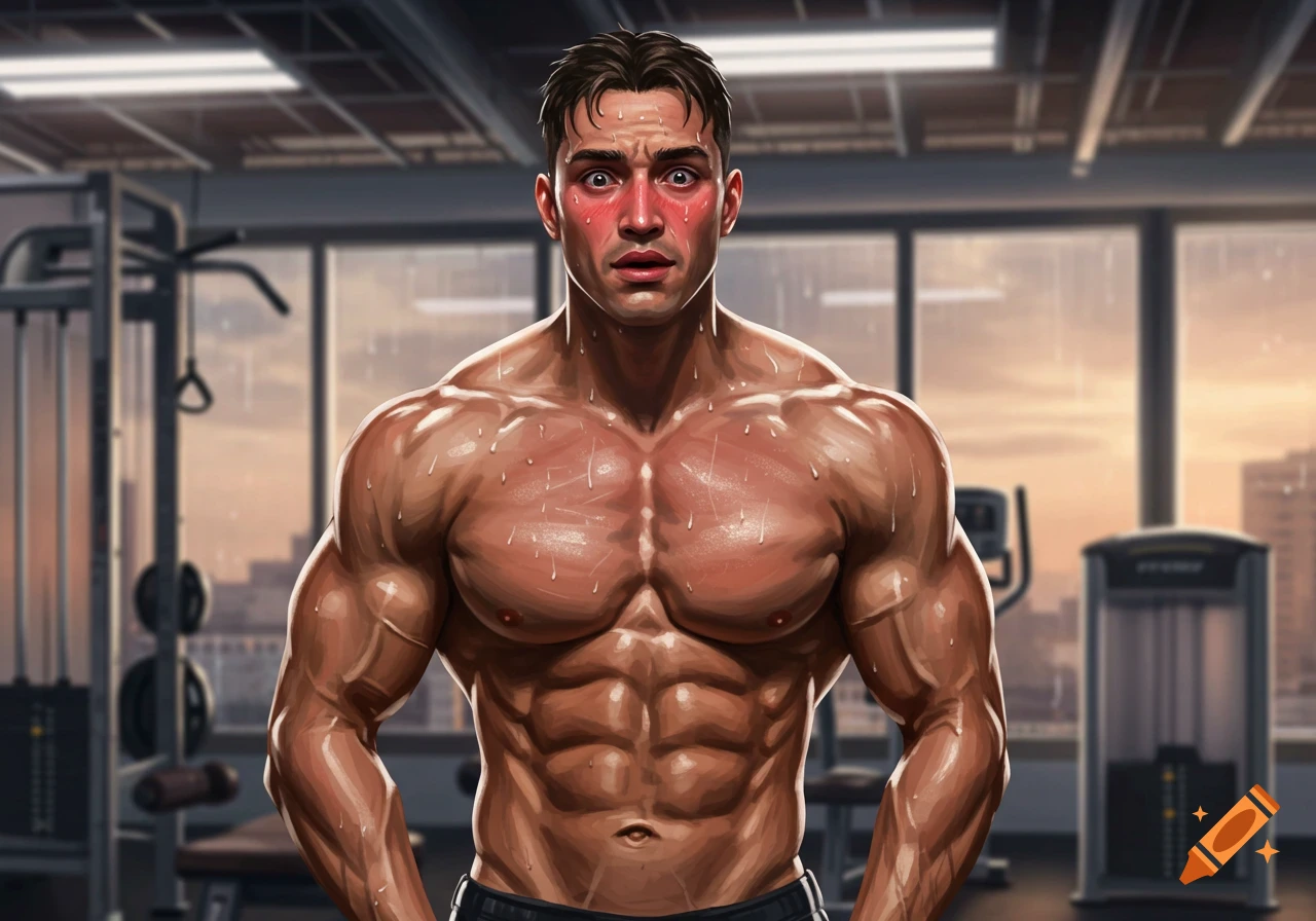 Sweaty, muscular bodybuilder with a red, embarrassed face in a gym. on ...