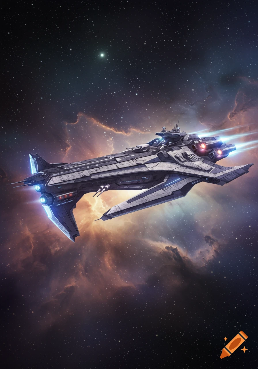 A sleek, futuristic grey space fighter ship flies above Earth's clouds ...