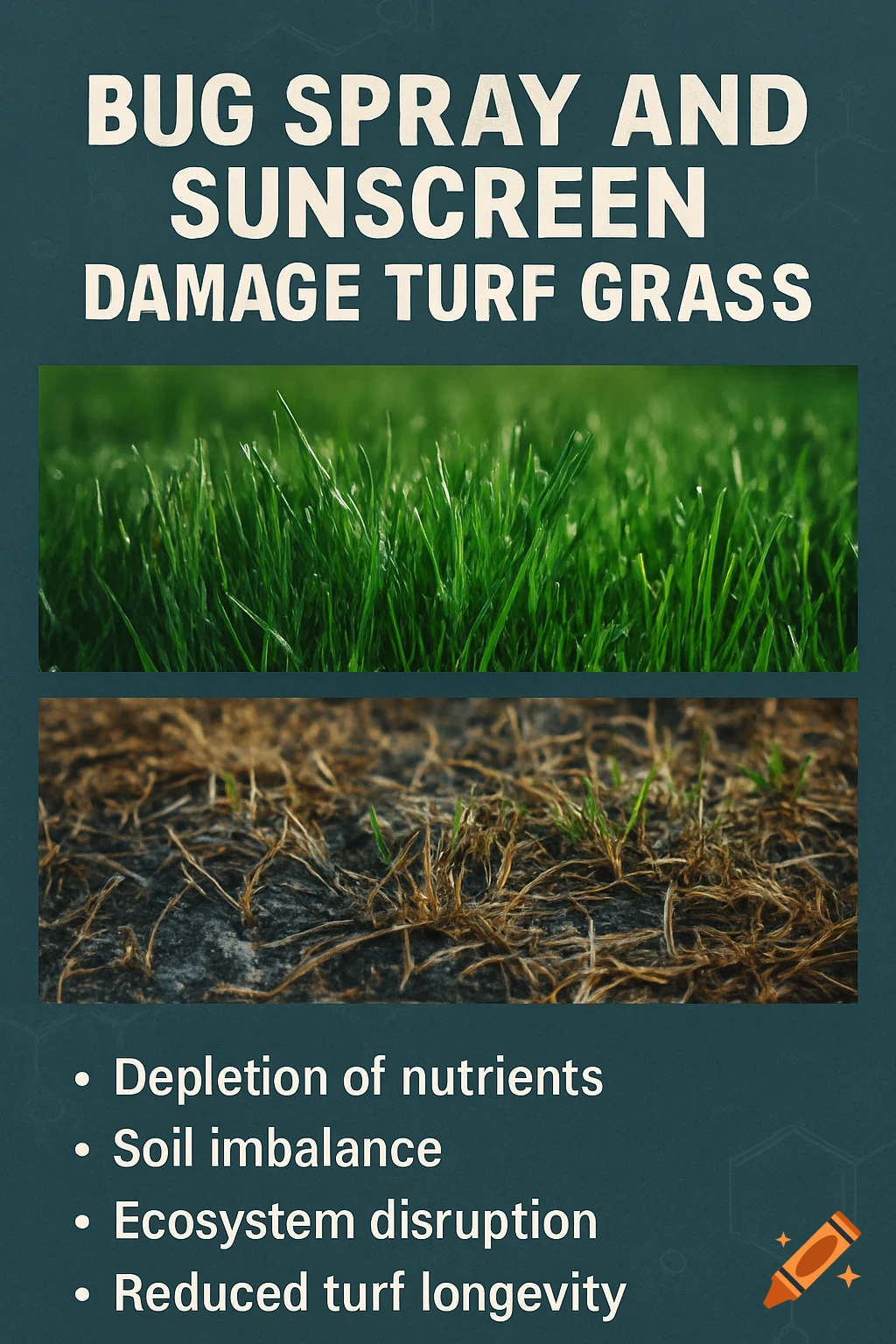 Poster about bug spray and sunscreen damaging turf grass, showing ...